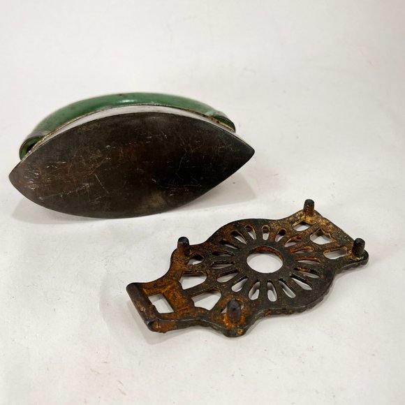 Accents | Antique Flat Sad Iron Resting Stand Trivet Green Wood Handle ...